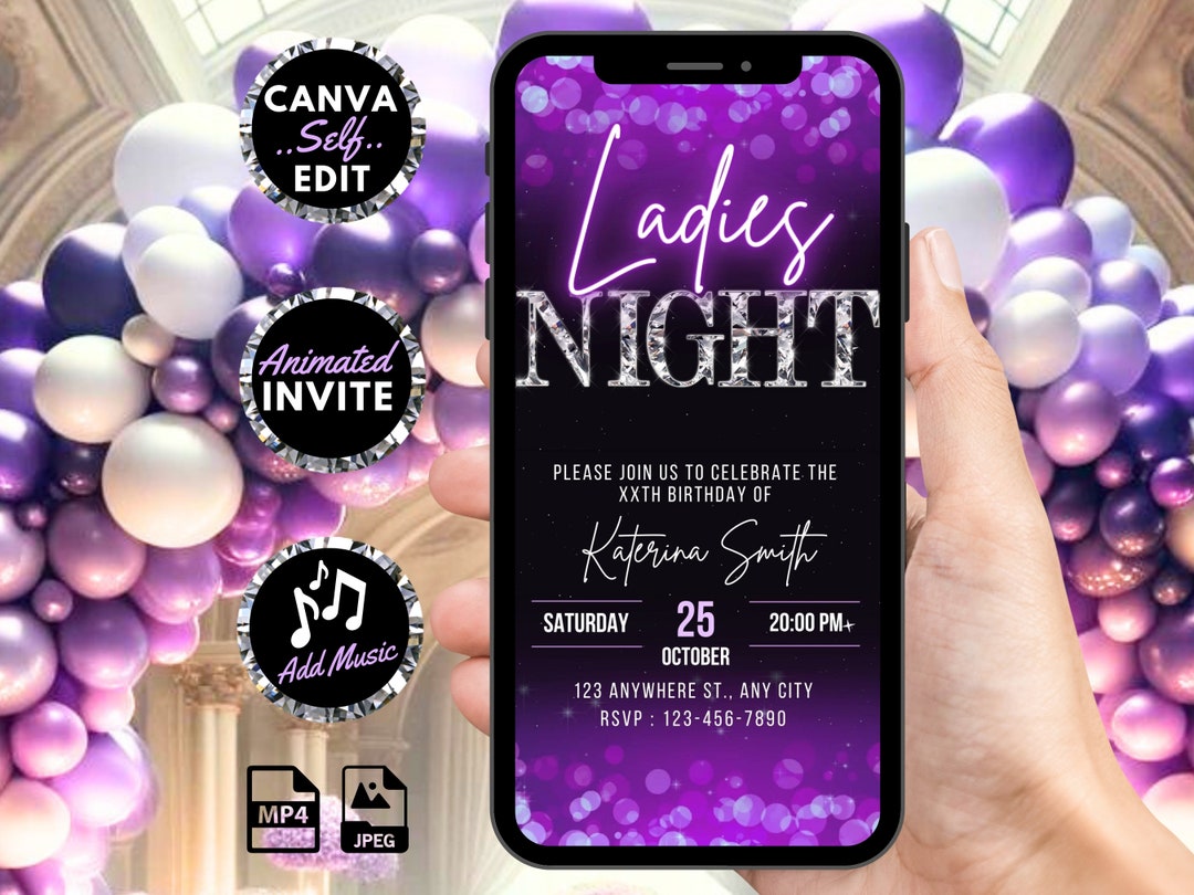 Digital Ladies Night Out Invitation, Animated Purple Birthday Invite ...