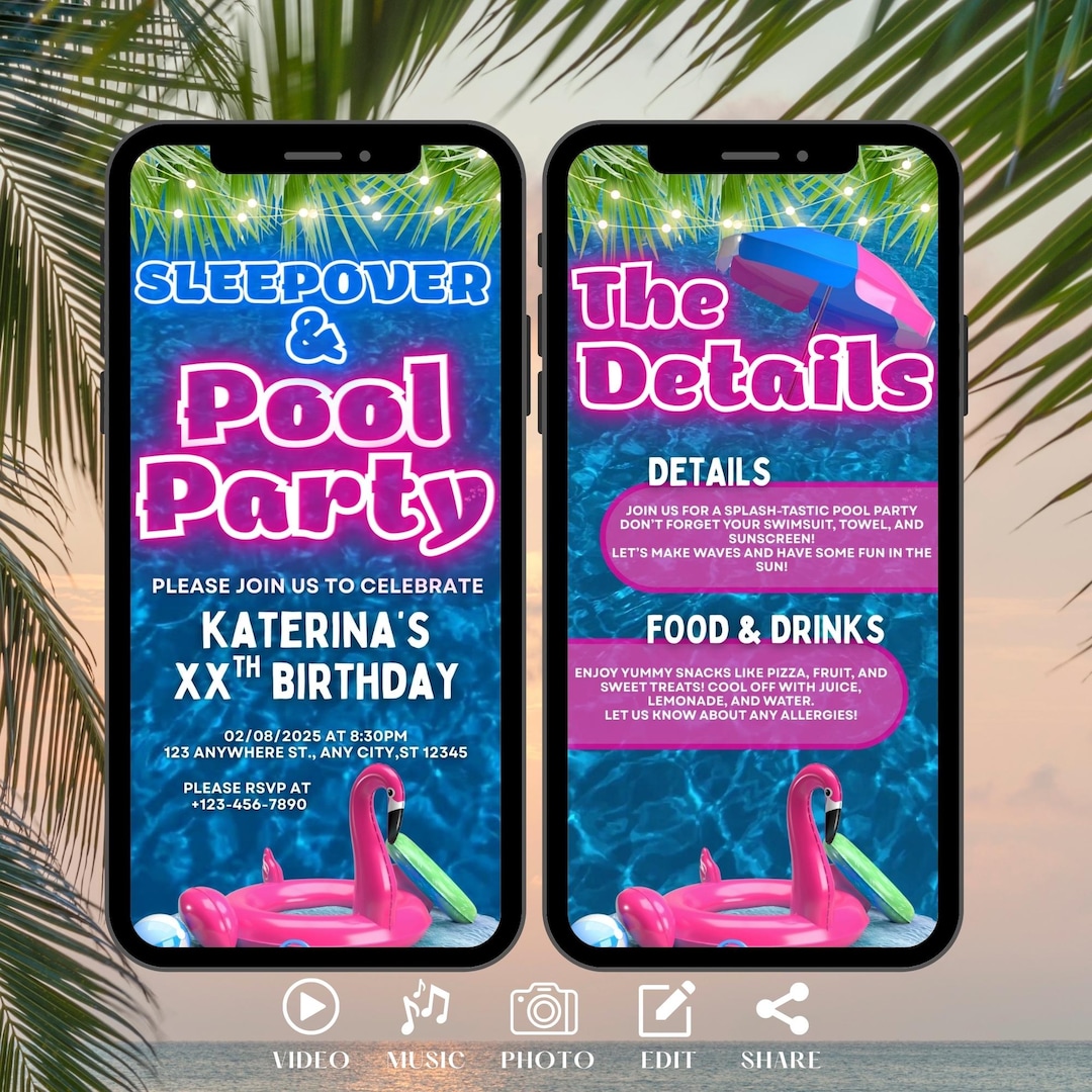 Digital Sleepover Pool Party Invitation. Pink Girls Sleep Over Summer ...