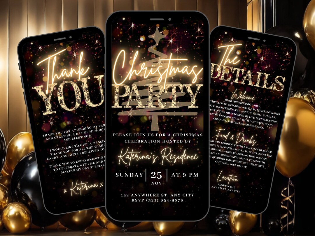 Digital Christmas Party Invitation, Animated Gold Xmas Holiday DIY ...
