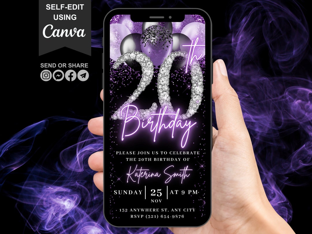 Digital 20th Birthday Invitation, Video 20th Purple Silver Invite for ...