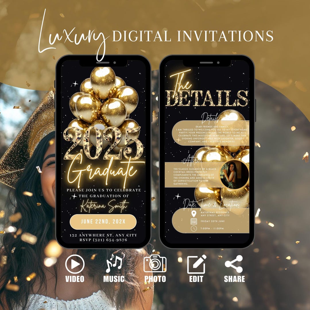Digital Class of 2025 Graduate Invitation, Gold Electronic Graduation ...