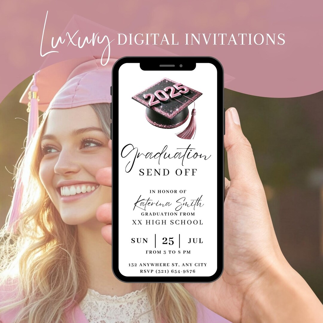 Digital Graduation Send off Invitation, White Pink Graduate 2025 Invite ...