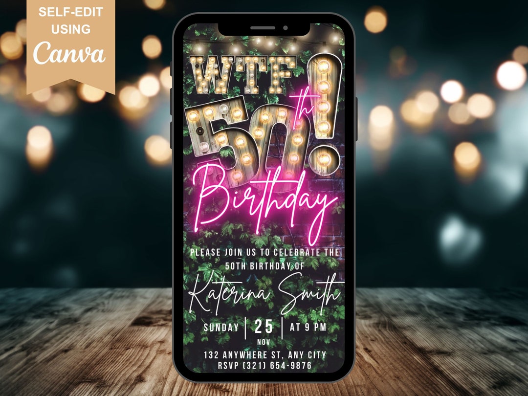 Digital WTF 50th Birthday Party Invitation, Electronic Mobile Phone Text Message Evite, 50th ...