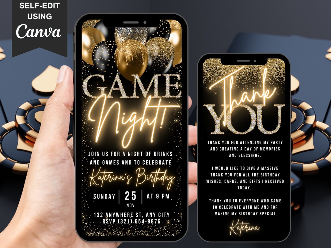 Digital Game Night Birthday Invitation, Animated Phone Text Message Email Evite, Black Gold Neon ...