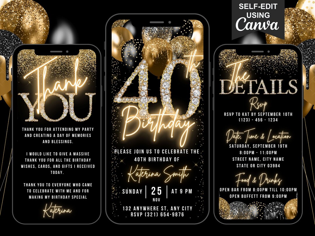 Digital 40th Birthday Invitation, 40 Invite, Black Gold Balloon Diamond ...