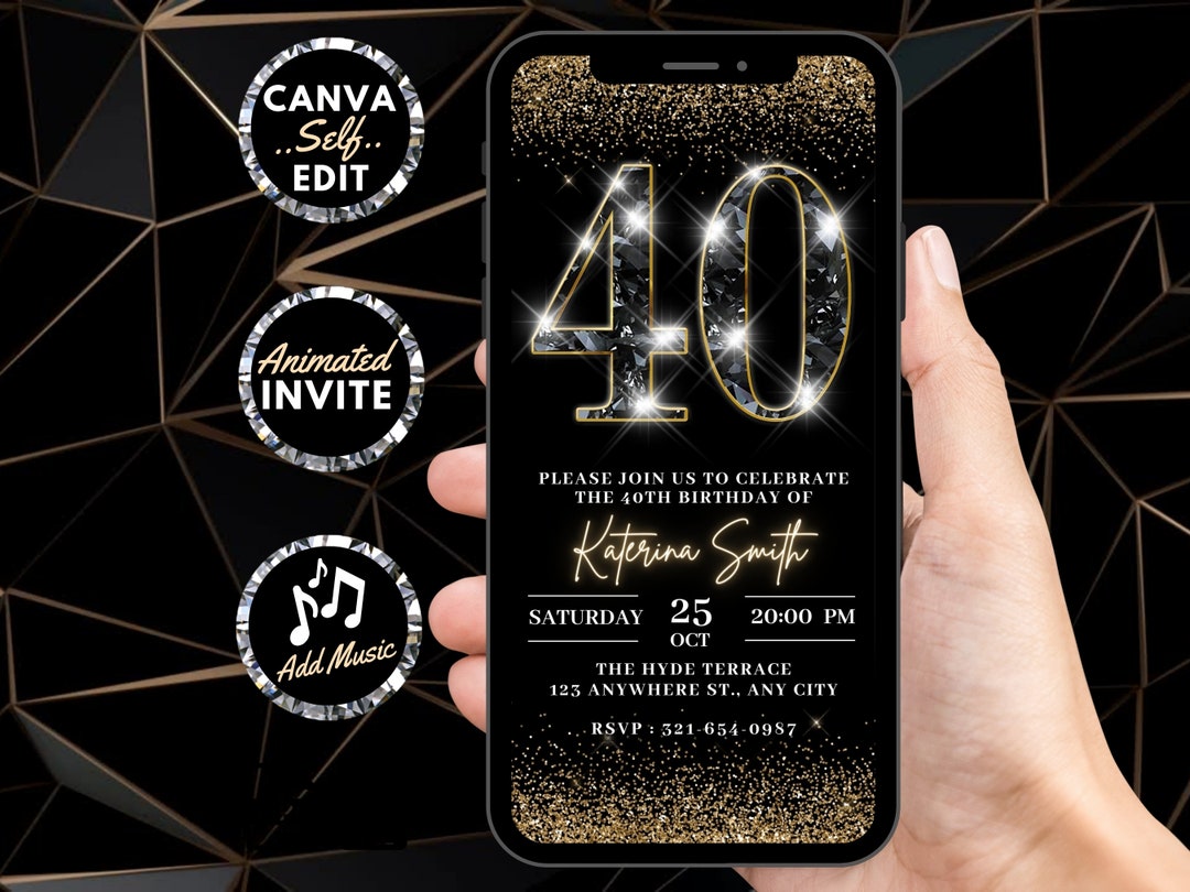 Digital 40th Birthday Invitation, Animated Black Gold 40 Glam Diamond ...