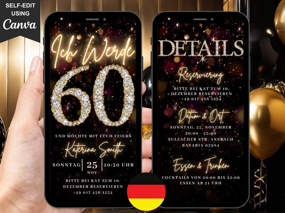 German Digital 60th Birthday Invitation, Animated Sixty Brunch Invite ...