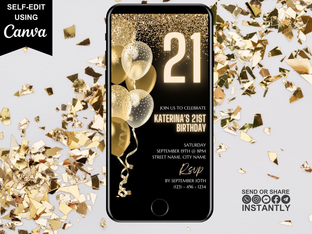 21st Digital Birthday Invitation, Electronic 21st Phone Party Invite ...