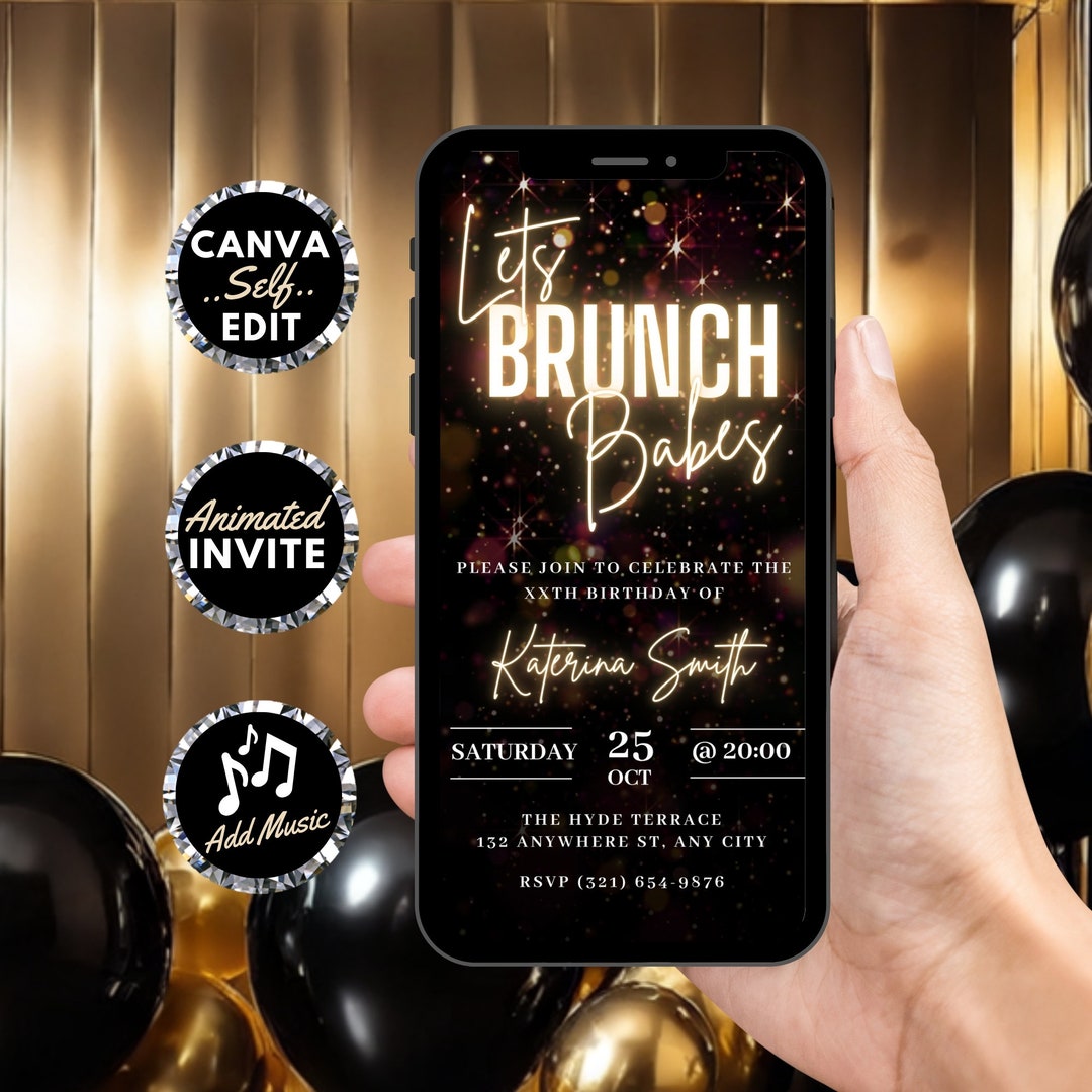 Digital Lets Brunch Babes Invitation, Animated Black Gold Invite ...