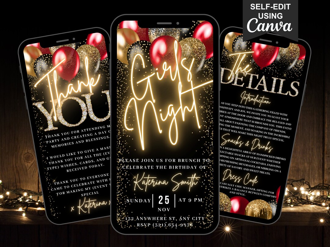 Digital Flyer Girls Night Out Invitation, Birthday Red Gold Dinner ...