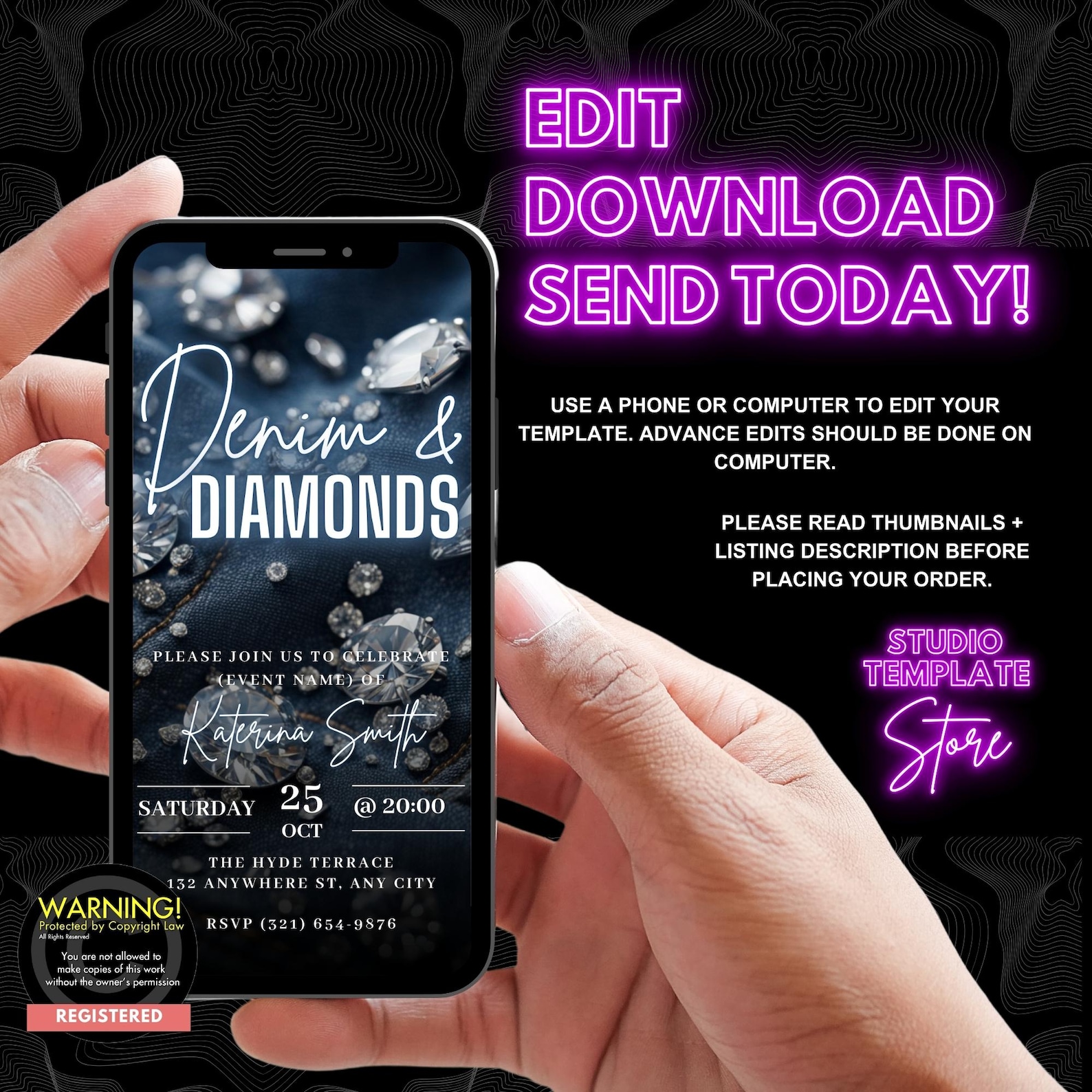 Digital Denim & Diamonds Flyer Invitation, Animated Birthday Dinner ...