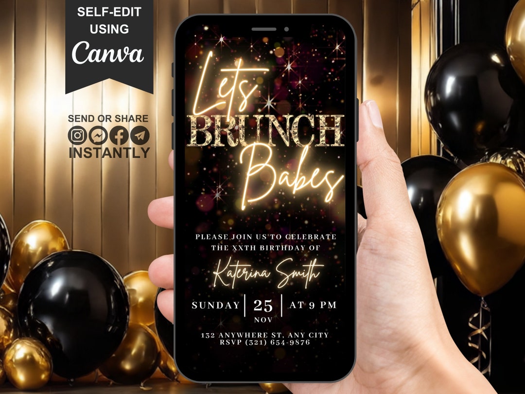 Digital Lets Brunch Babes Invitation, Animated Black Gold Invite ...