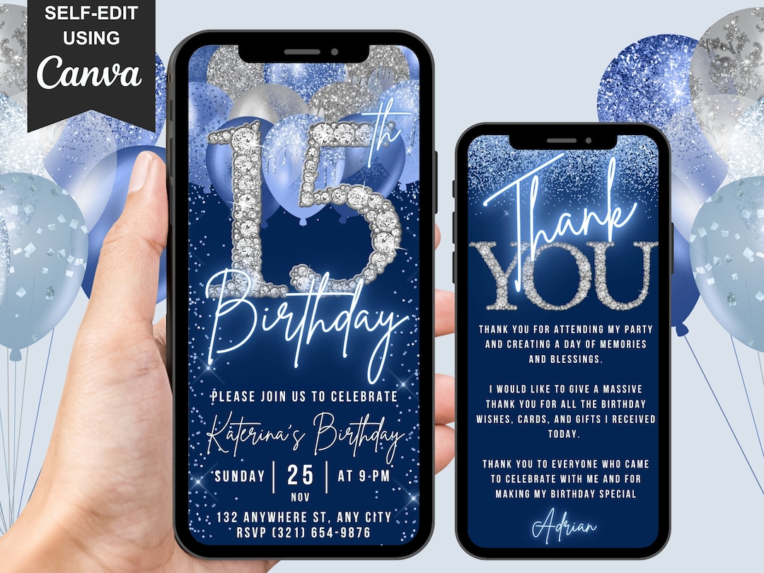 Digital 15th Birthday Invitation, Animated 15th Blue Silver Teens ...