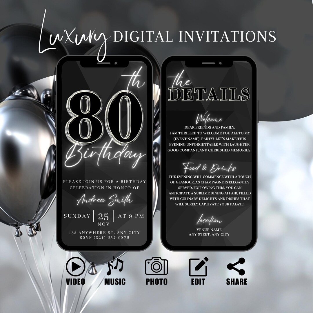 Digital 80th Birthday Party Invitation, Animated Silver Dinner Invite ...