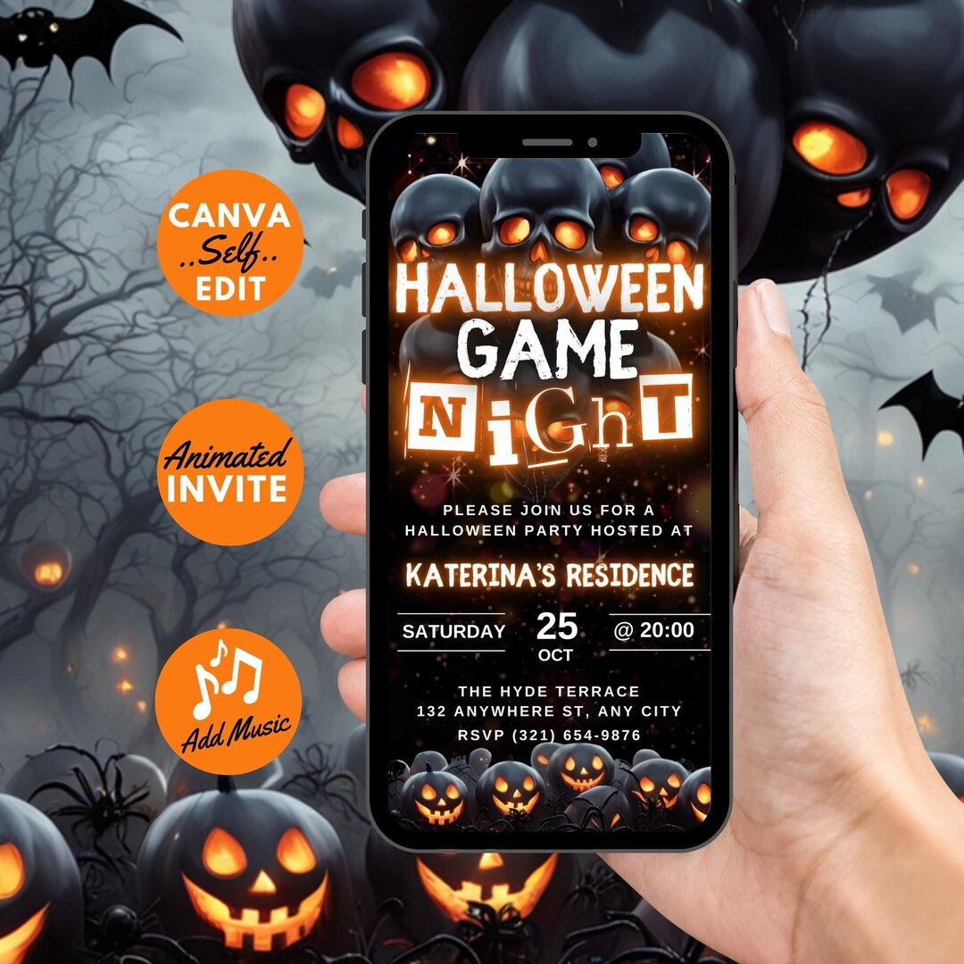 Digital Halloween Game Night Invitation, Download Scull Pumpkin Video ...