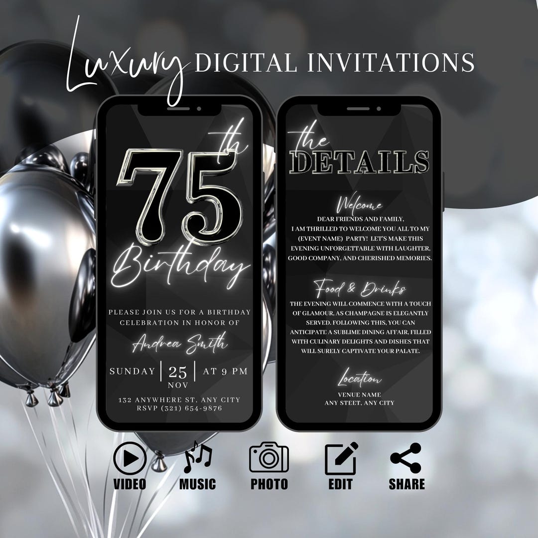 Silver 75th Birthday Party Invitation, Animated Digital Dinner Invite ...