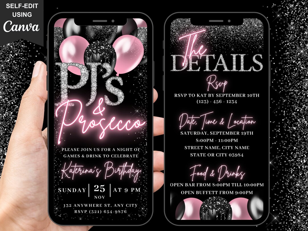 Digital Pj's and Prosecco Party Birthday Invitation, Animated Pajama ...