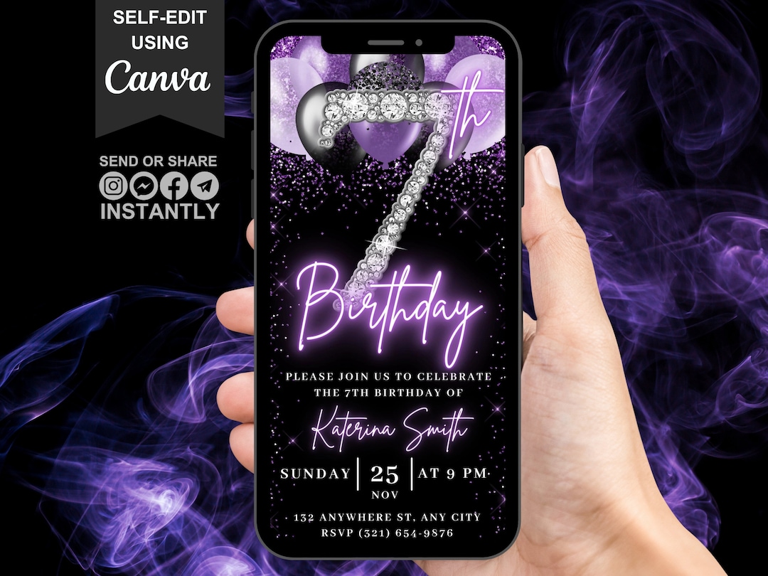 Digital 7th Birthday Invitation, Video Turning 7 Purple Silver Invite ...