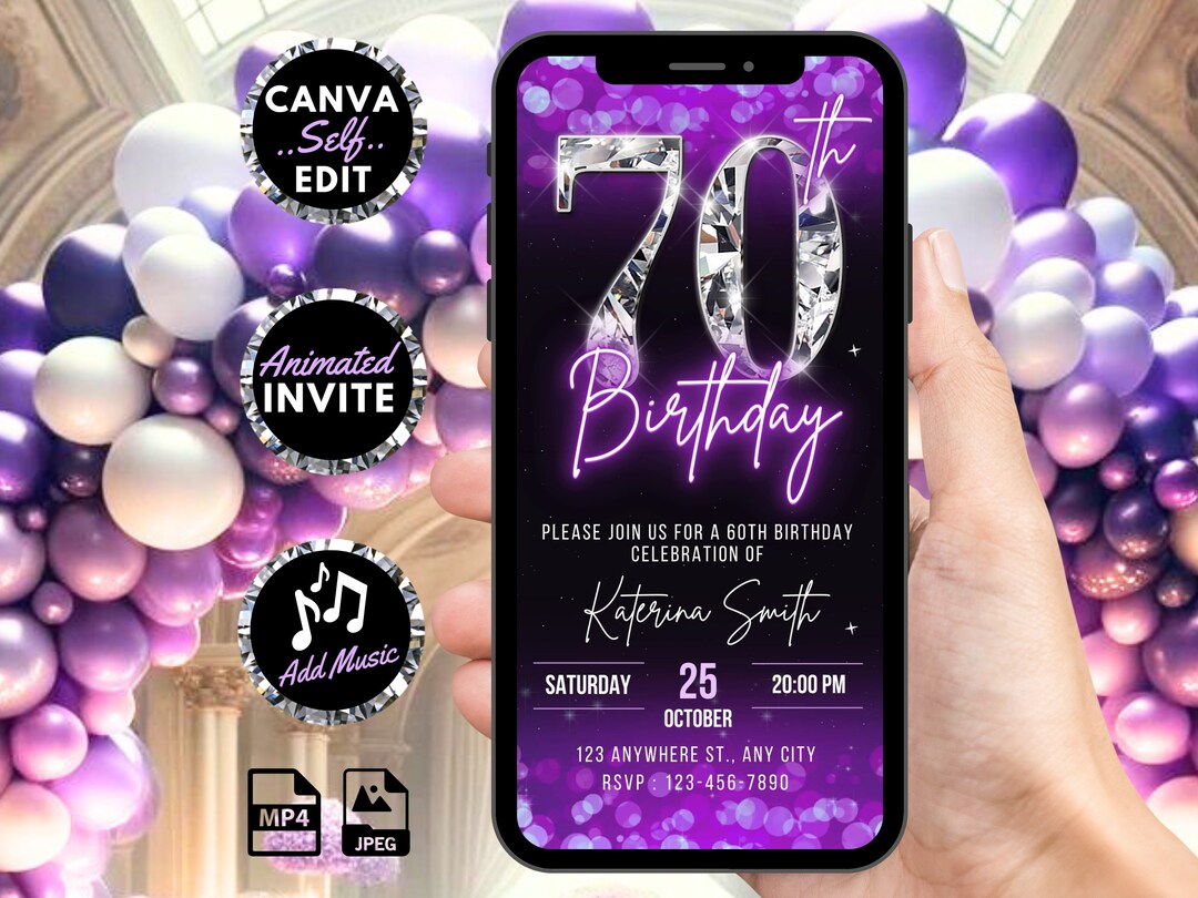 Digital 70th Birthday Invitation, Animated Purple Ladies Dinner Party ...