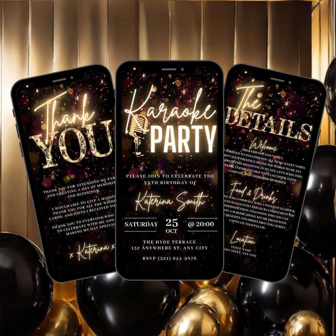 Digital Karaoke Gold Invitation, Animated Birthday Music Night Party ...