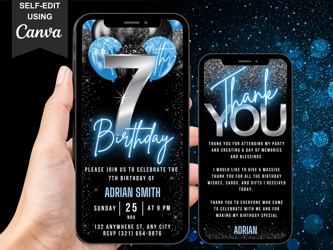 7th Digital Flyer Birthday Invitation, Animated Blue Silver Seventh ...