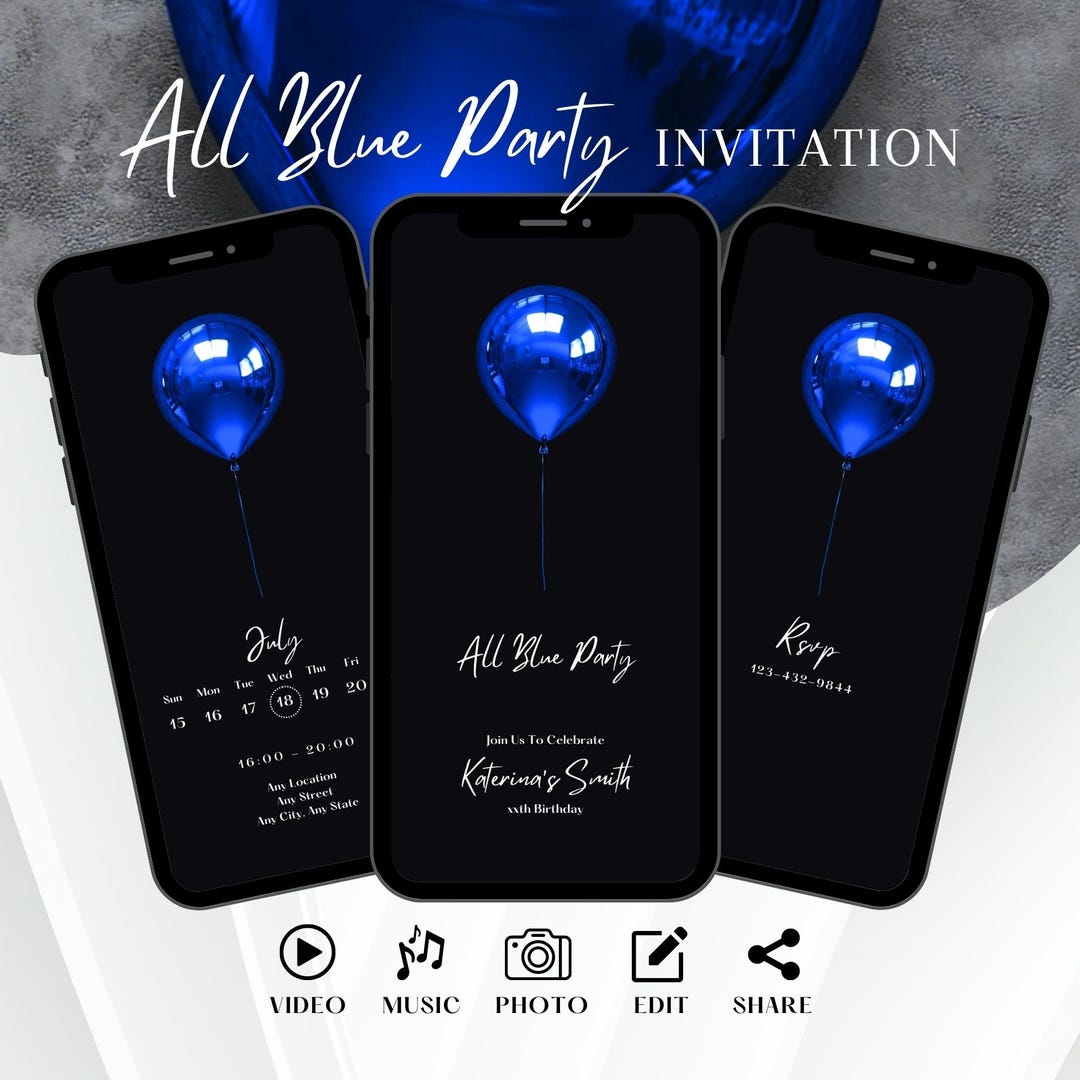 Elegant All Blue Party Invitation, Minimalist Animated Birthday Invite ...