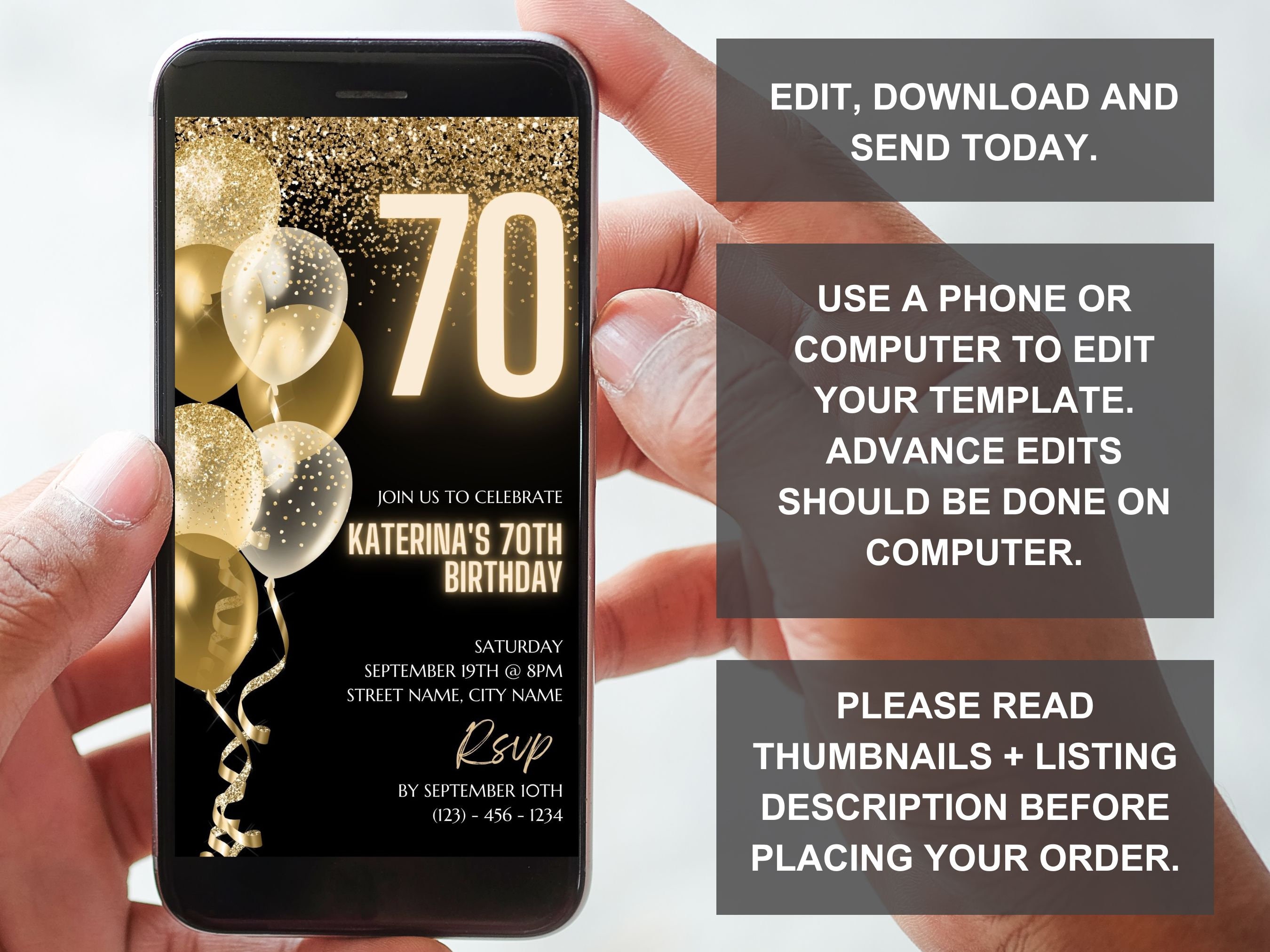 70th Digital Birthday Invitation, Electronic 70th Phone Party Invite ...