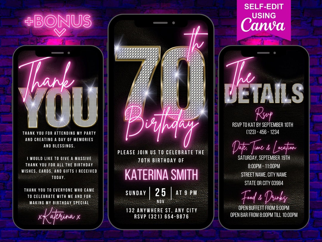 Digital 70th Birthday Invitation, Animated 70th Party Pink Bling Invite ...
