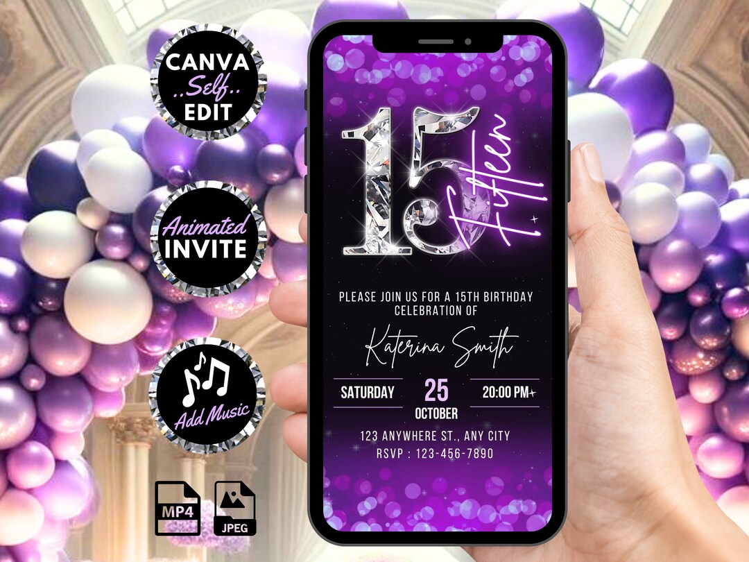 Digital 15th Birthday Invitation, Animated Glitter Purple Fifteen Party ...