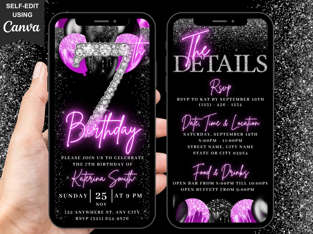 7th Digital Flyer Birthday Invitation, Animated Turning 7 Pink Purple ...