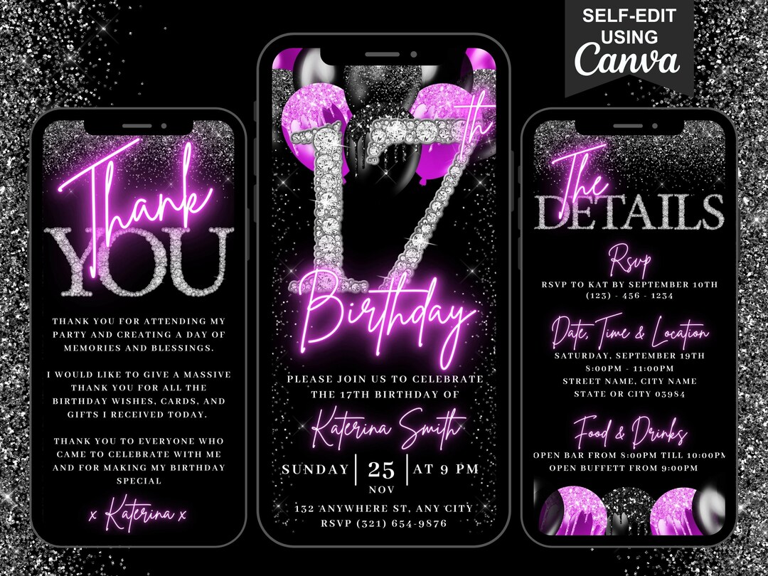 Digital 17th Birthday Invitation, Animated Sweet 17 Pink Invite for ...