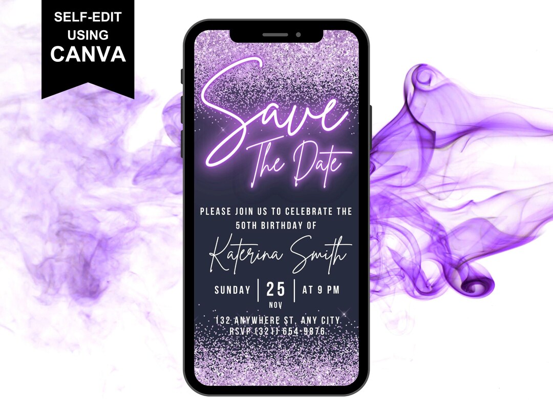 Digital Save the Date Purple Birthday Invitation, Electronic Virtual ...
