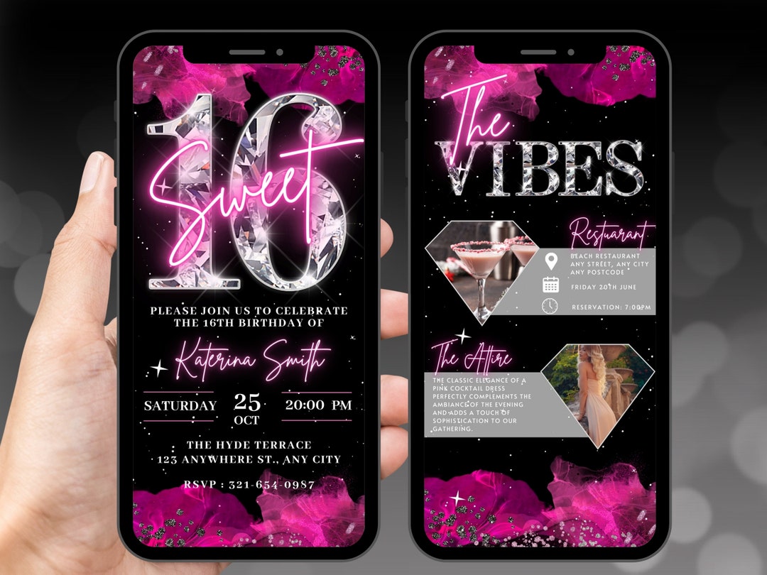 Digital Sweet Sixteen Invitation, Animated 16th Birthday Hot Pink ...