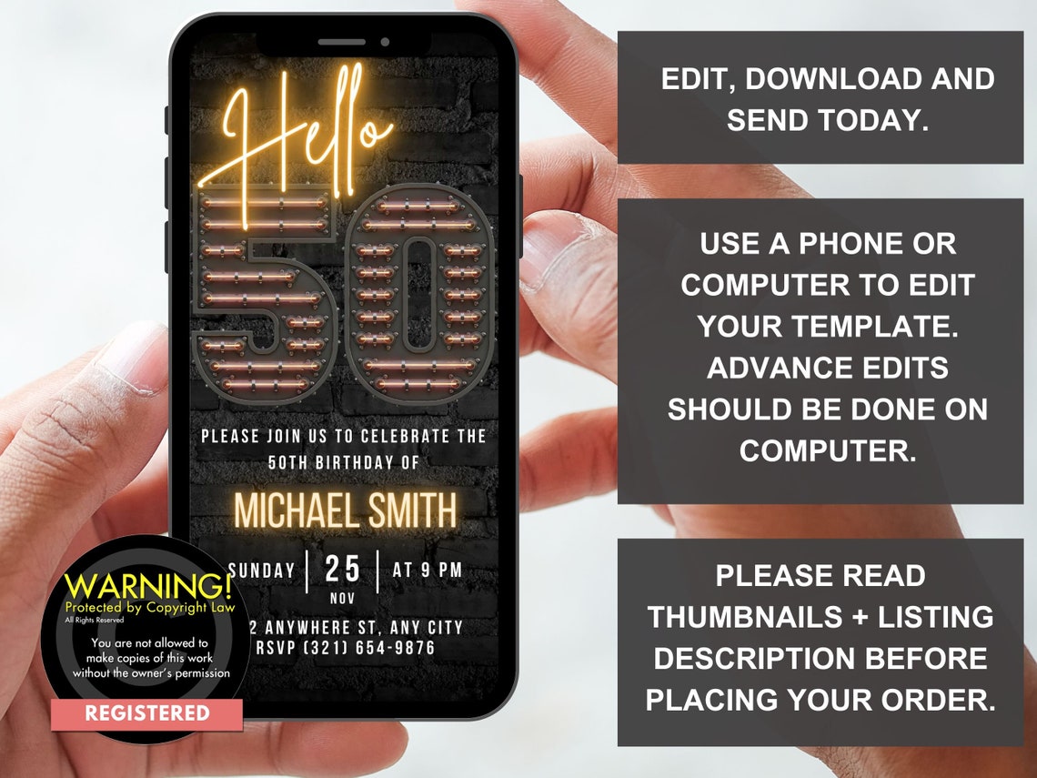 Digital Hello 50 Birthday Invitation for Him 50th Virtual - Etsy