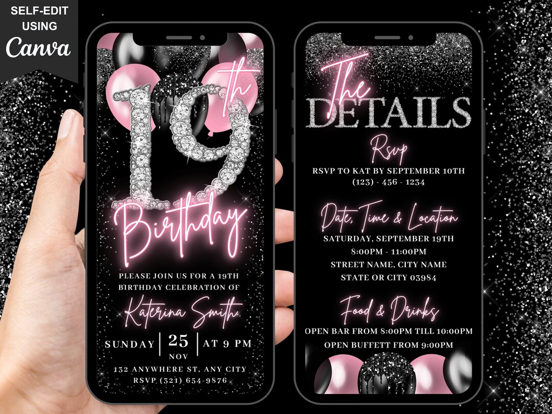 Digital 19th Birthday Invitation, Animated Blush Pink Girls 19 Diamond ...