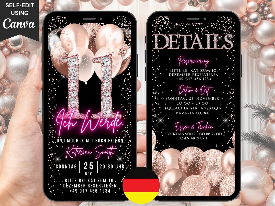 German Digital 11th Birthday Invitation, Animated Blush Pink Brunch ...
