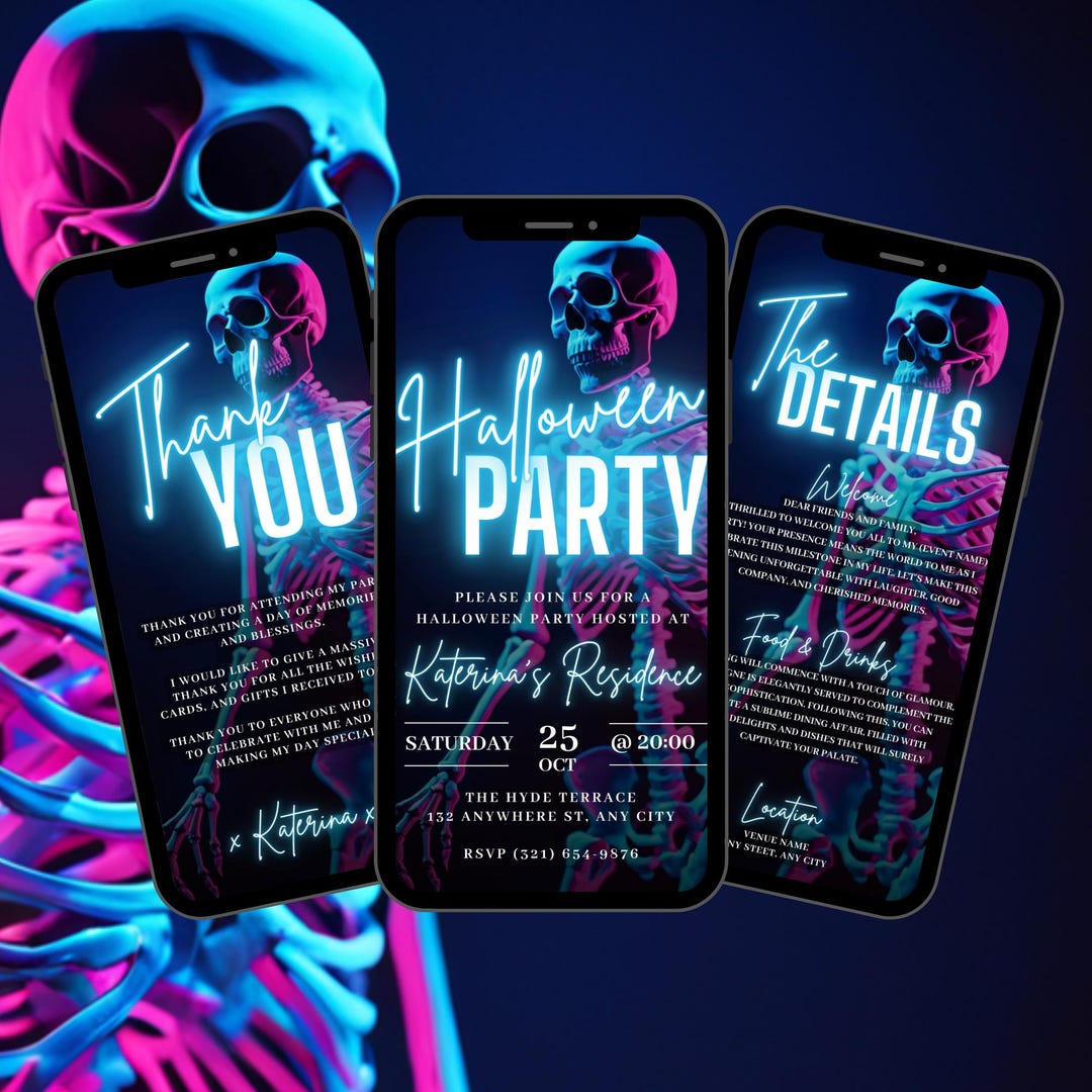 Digital Halloween Party Invitation, Animated Neon Skeleton Video Invite ...