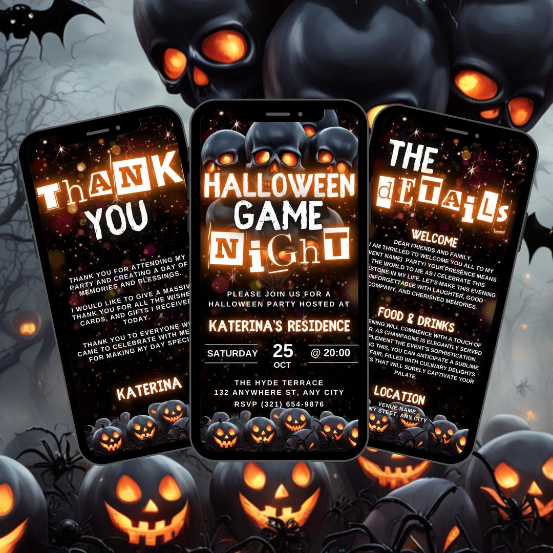 Digital Halloween Game Night Invitation, Download Scull Pumpkin Video ...