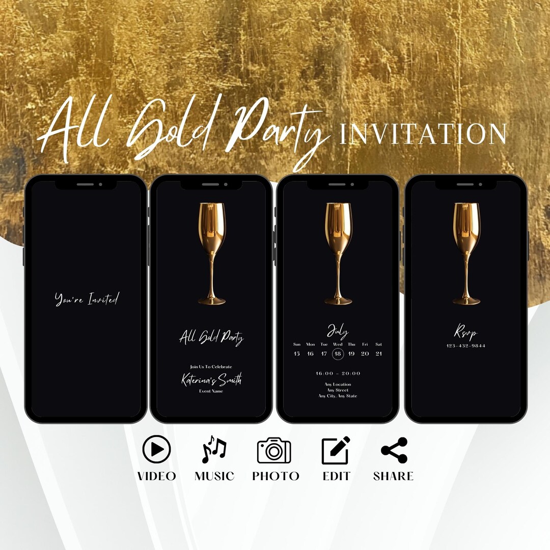Minimalist All Gold Party Invitation, Elegant Animated Birthday Invite ...