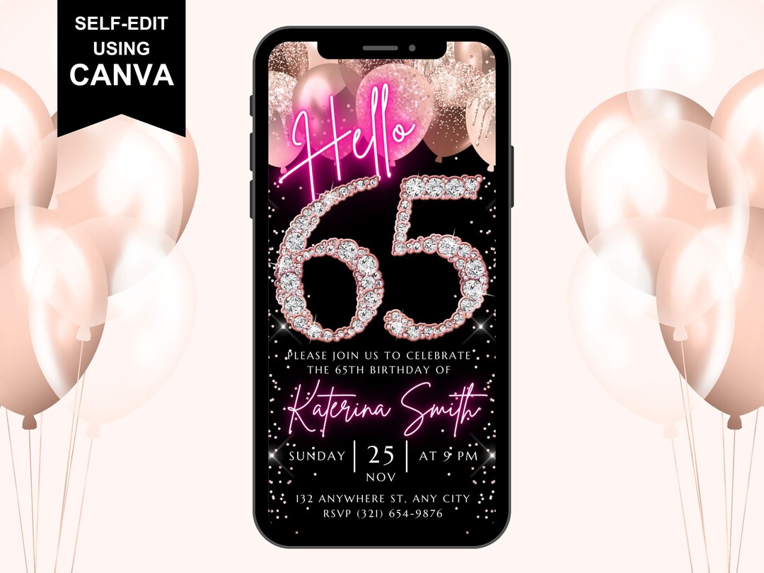 Digital Hello 65 Birthday Invitation, Animated Rose Gold Party Invite ...