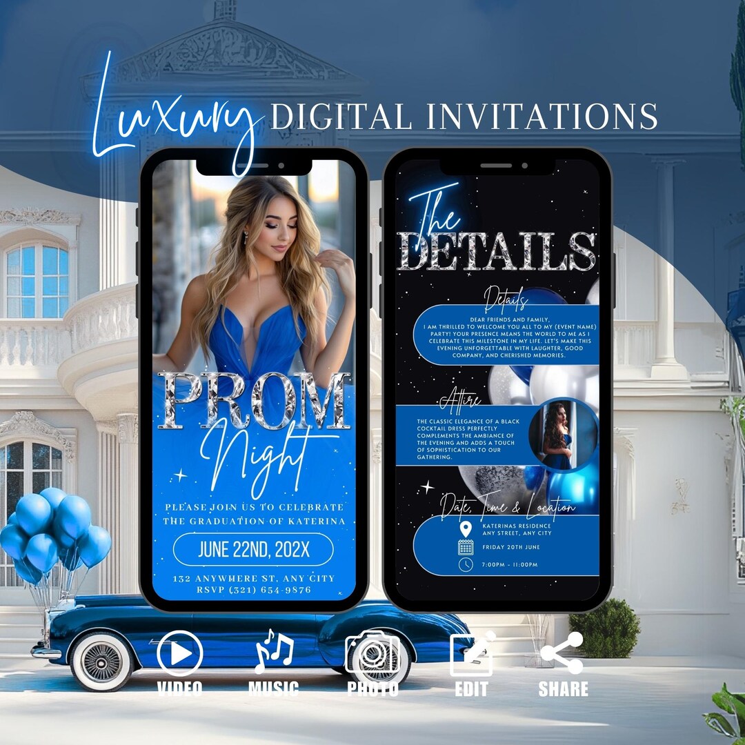 Blue Prom Night Invitation, Digital Womens Prom Party Invite, Animated ...