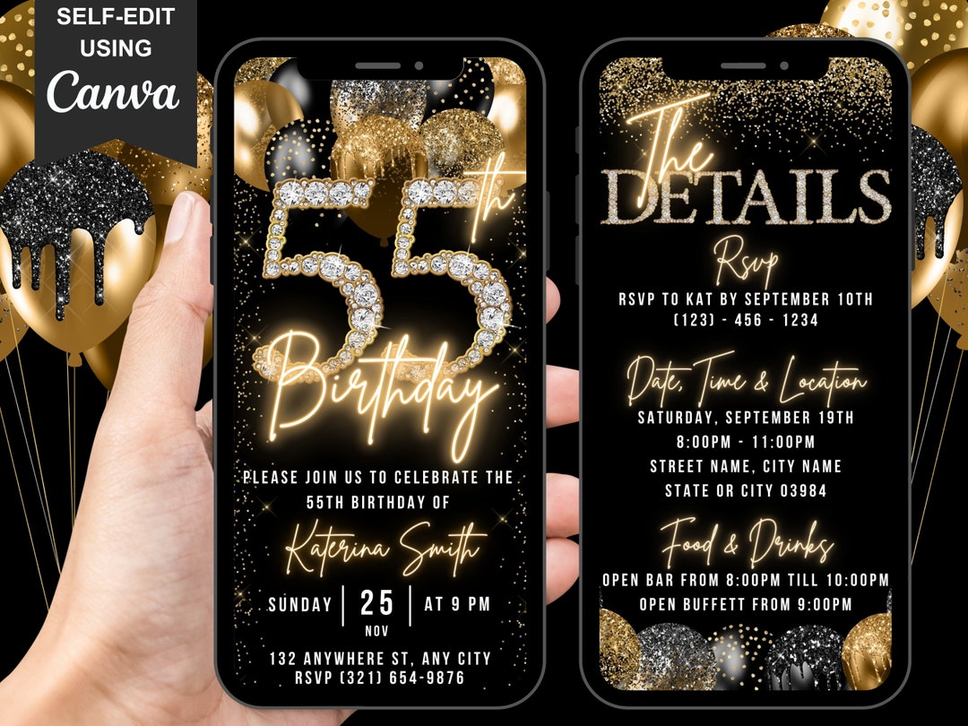 Digital 55th Birthday Invitation, 55th Invite, Black Gold Balloon ...