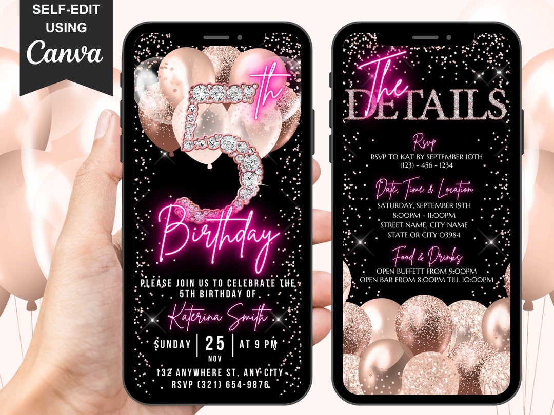 Digital 5th Birthday Invitation, Animated 5th Party Invite, Cute Rose ...