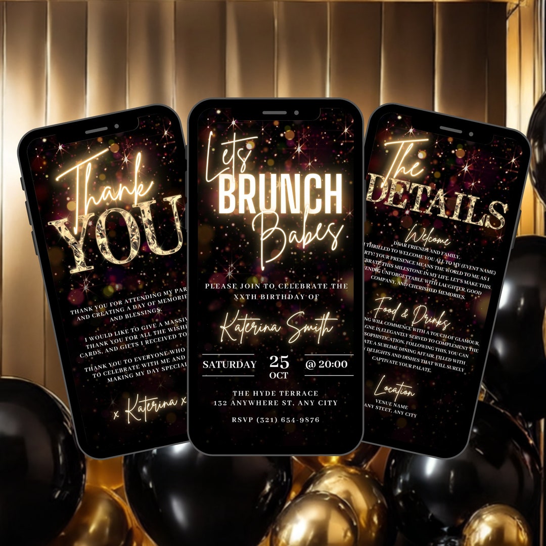 Digital Lets Brunch Babes Invitation, Animated Black Gold Invite ...