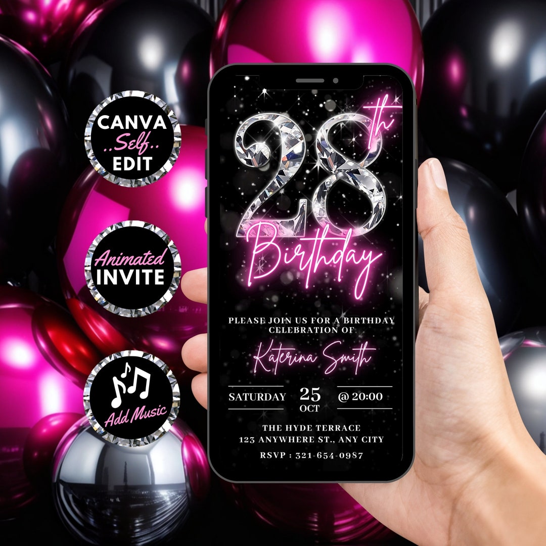 Digital 28th Birthday Invitation, Animated Dinner Party Invite for ...