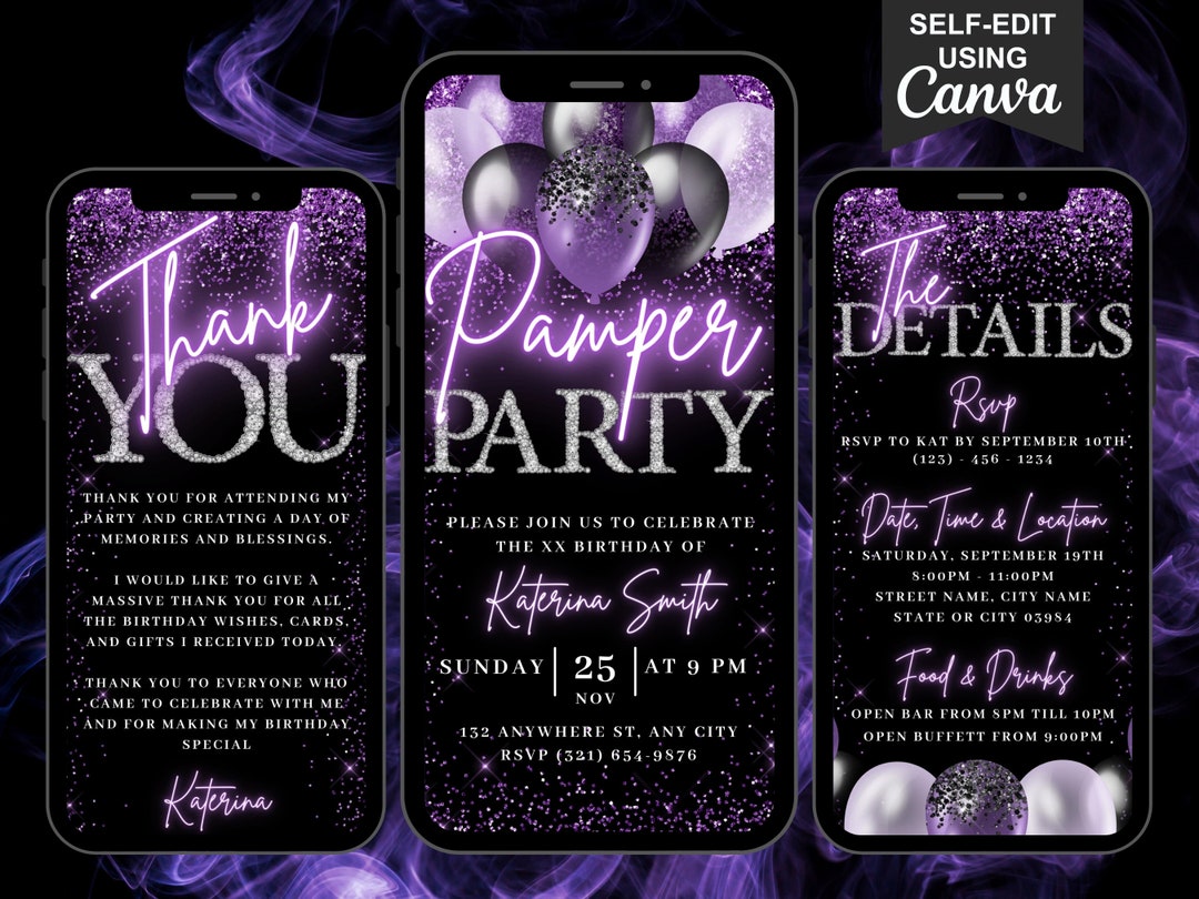 Digital Flyer Pamper Party Birthday Invitation, Purple Pajama Sleepover ...