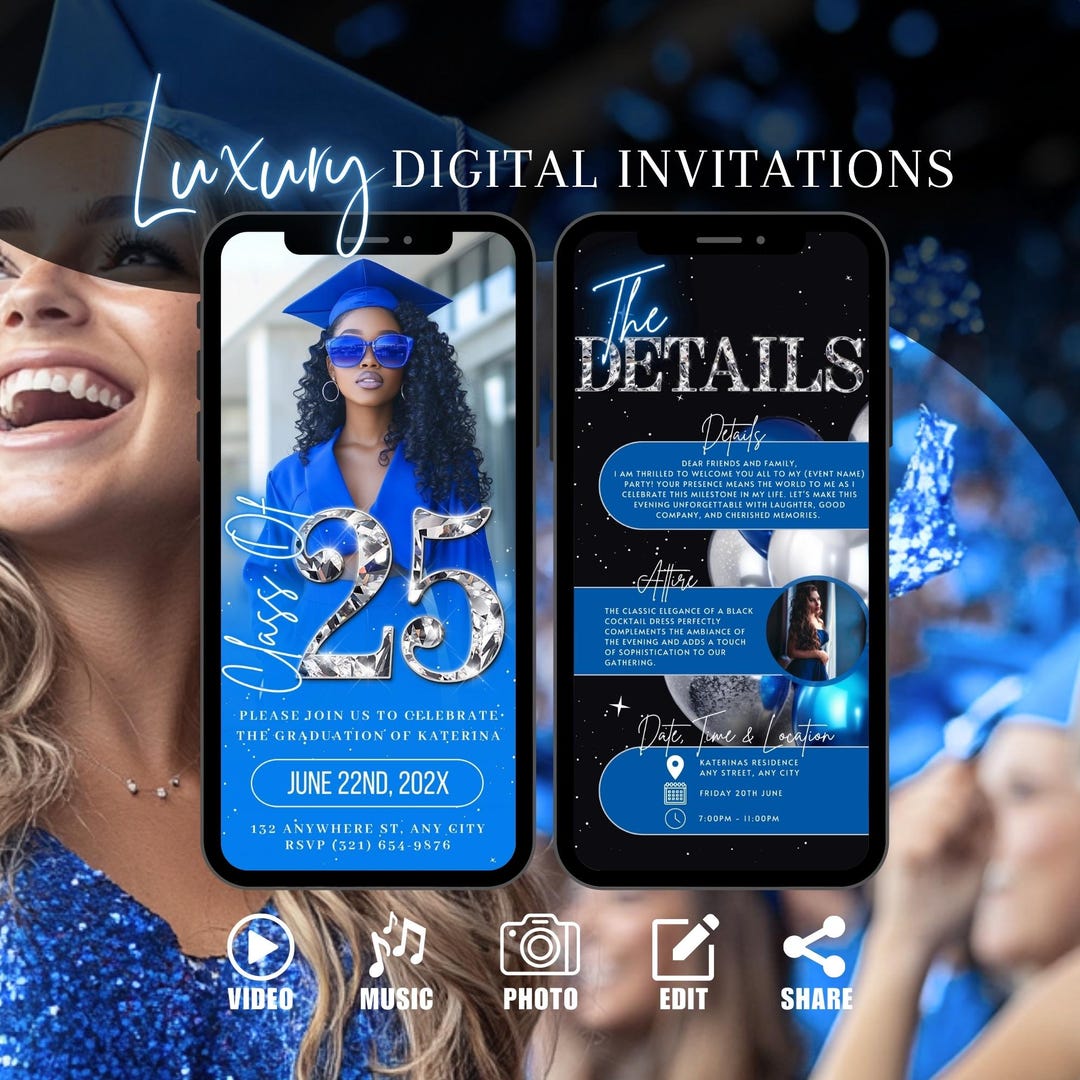 Blue Graduation Class of 2025 Invitation, Animated Digital 25 Grad ...