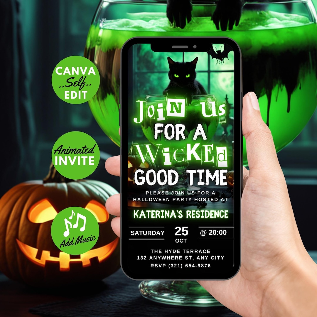 Digital Join Us for A Wicked Time Invitation, Halloween Green Cat Video ...