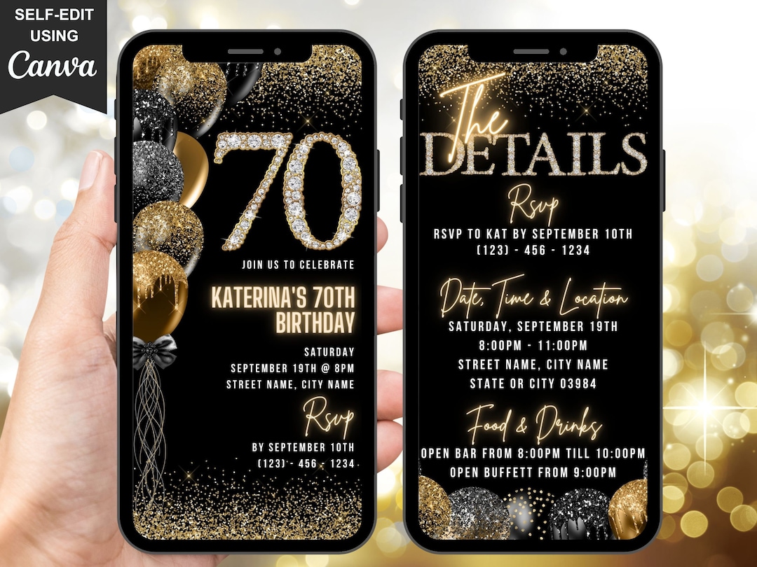 Digital 70th Birthday Party Invitation, 70th Glam Ecard, Black Gold ...