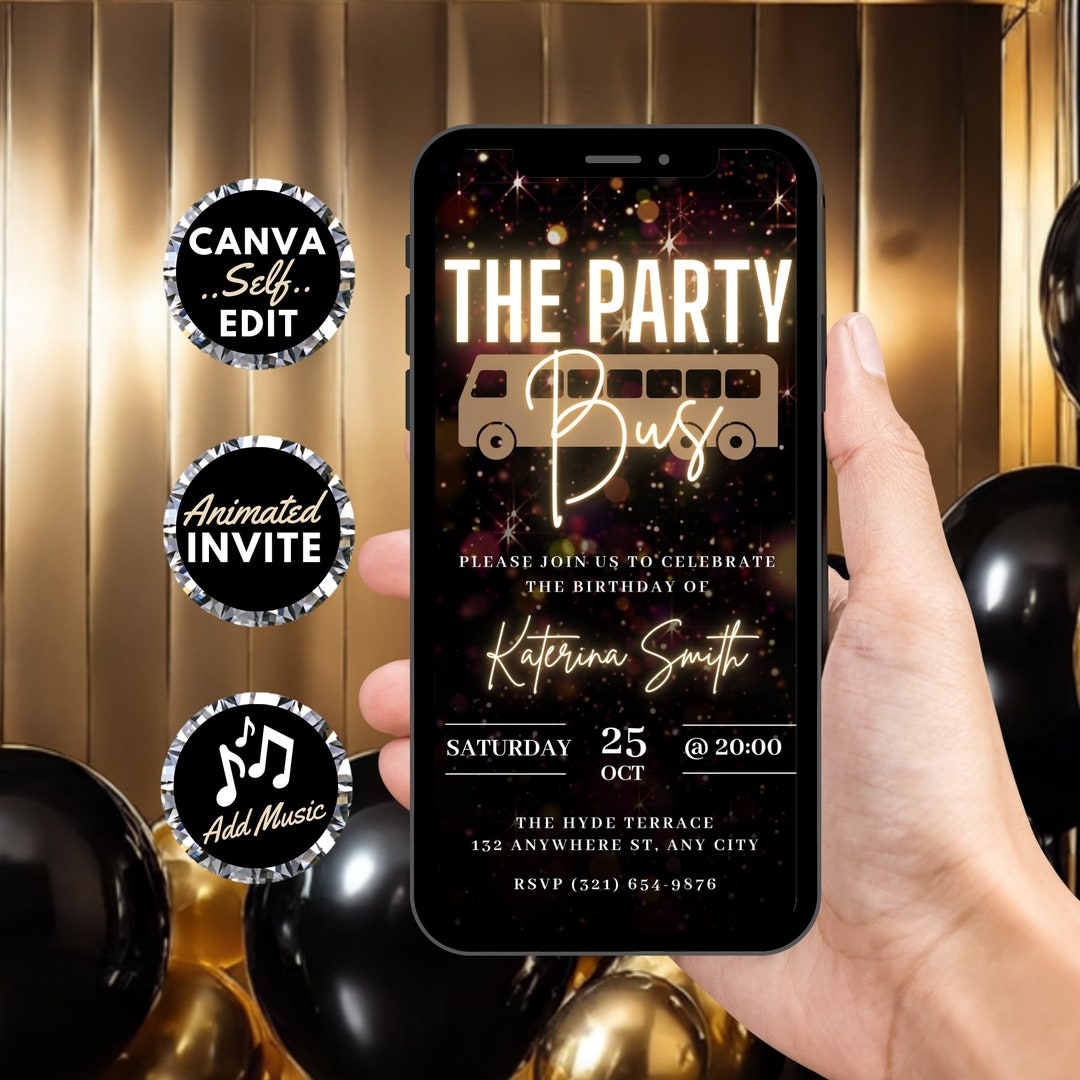 Digital Party Bus Birthday Invitation, Animated Limo Party Invite ...